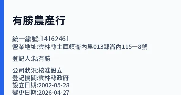 有勝農產行的照片-統編 14162461(雲林縣) 公司登記資料與營業項目詳細圖表