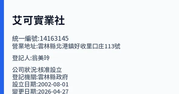 艾可實業社的照片-統編 14163145(雲林縣) 公司登記資料與營業項目詳細圖表