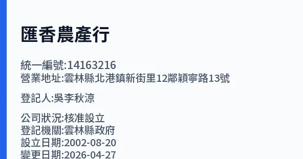 匯香農產行的照片-統編 14163216(雲林縣) 公司登記資料與營業項目詳細圖表