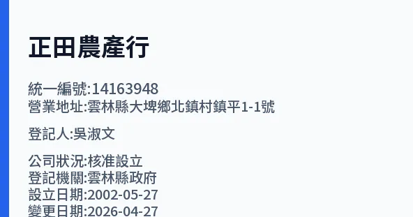 正田農產行的照片-統編 14163948(雲林縣) 公司登記資料與營業項目詳細圖表