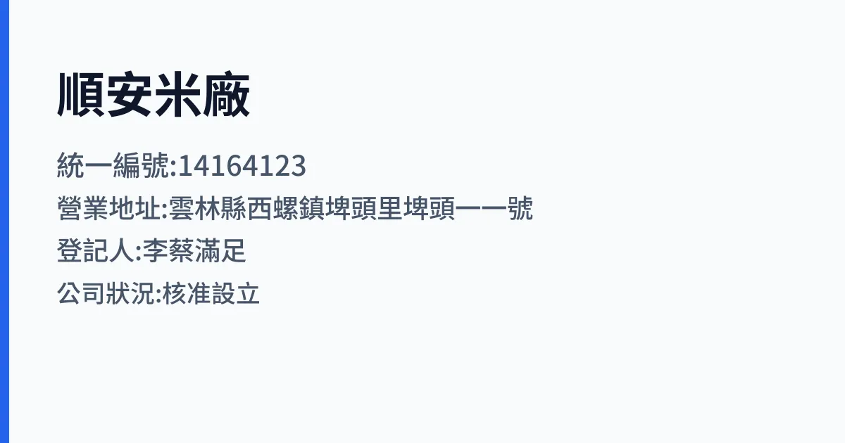 順安米廠 - 統編 14164123(雲林縣) 公司登記資料與營業項目詳細圖表