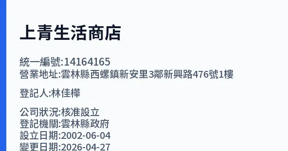 上青生活商店的照片-統編 14164165(雲林縣) 公司登記資料與營業項目詳細圖表