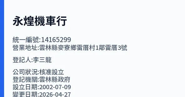 永煌機車行的照片-統編 14165299(雲林縣) 公司登記資料與營業項目詳細圖表