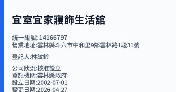 宜室宜家寢飾生活舘的照片-統編 14166797(雲林縣) 公司登記資料與營業項目詳細圖表