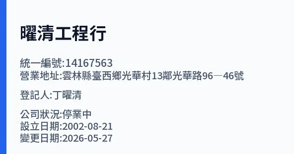 曜清工程行的照片-統編 14167563(雲林縣) 公司登記資料與營業項目詳細圖表