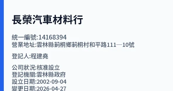 長榮汽車材料行的照片-統編 14168394(雲林縣) 公司登記資料與營業項目詳細圖表
