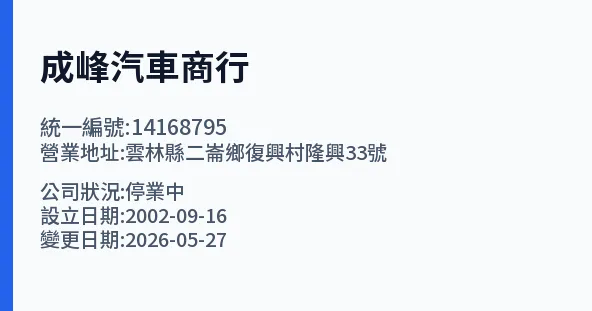 成峰汽車商行的照片-統編 14168795(雲林縣) 公司登記資料與營業項目詳細圖表