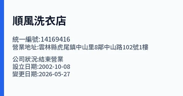 順風洗衣店的照片-統編 14169416(雲林縣) 公司登記資料與營業項目詳細圖表