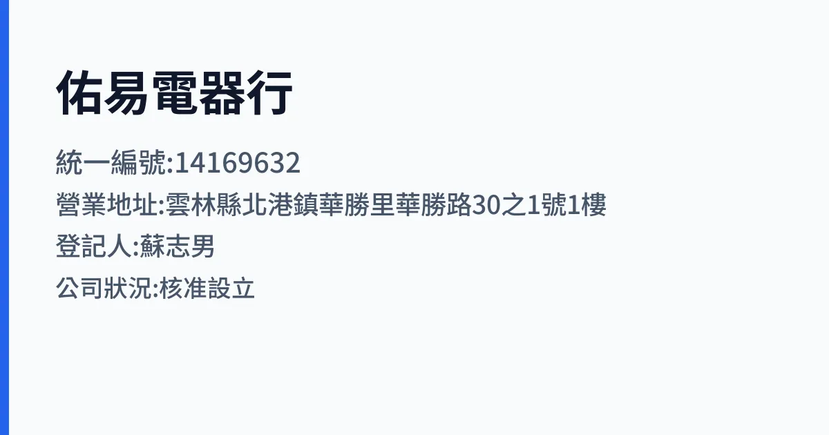 佑易電器行 - 統編 14169632(雲林縣) 公司登記資料與營業項目詳細圖表