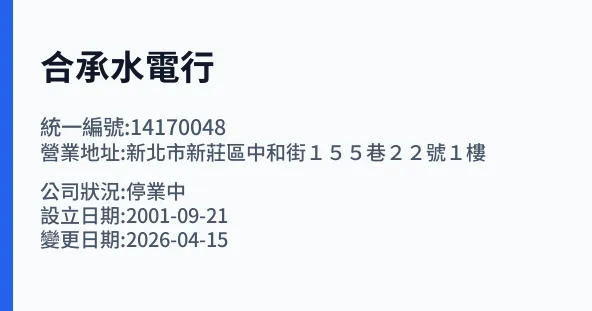 合承水電行的照片-統編 14170048(新北市) 公司登記資料與營業項目詳細圖表