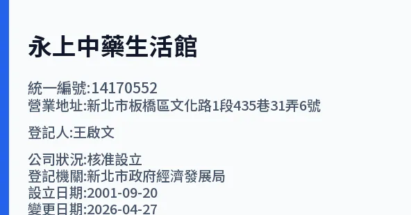 永上中藥生活館的照片-統編 14170552(新北市) 公司登記資料與營業項目詳細圖表