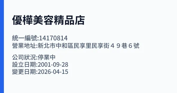 優樺美容精品店的照片-統編 14170814(新北市) 公司登記資料與營業項目詳細圖表