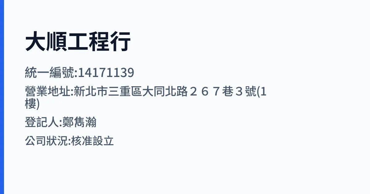 大順工程行 - 統編 14171139(新北市) 公司登記資料與營業項目詳細圖表