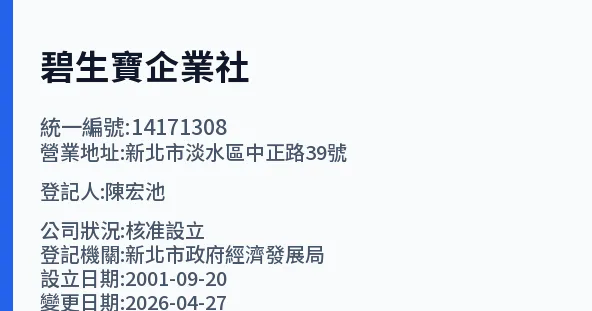 碧生寶企業社的照片-統編 14171308(新北市) 公司登記資料與營業項目詳細圖表