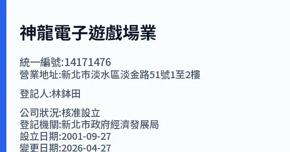 神龍電子遊戲場業的照片-統編 14171476(新北市) 公司登記資料與營業項目詳細圖表