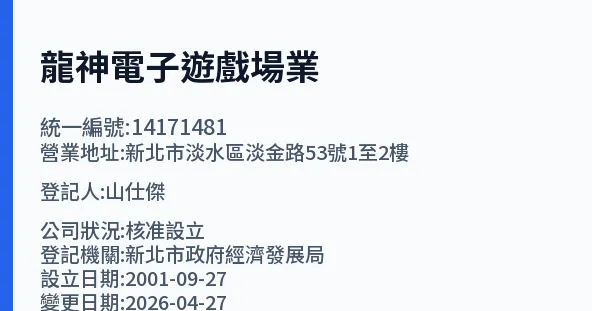 龍神電子遊戲場業的照片-統編 14171481(新北市) 公司登記資料與營業項目詳細圖表