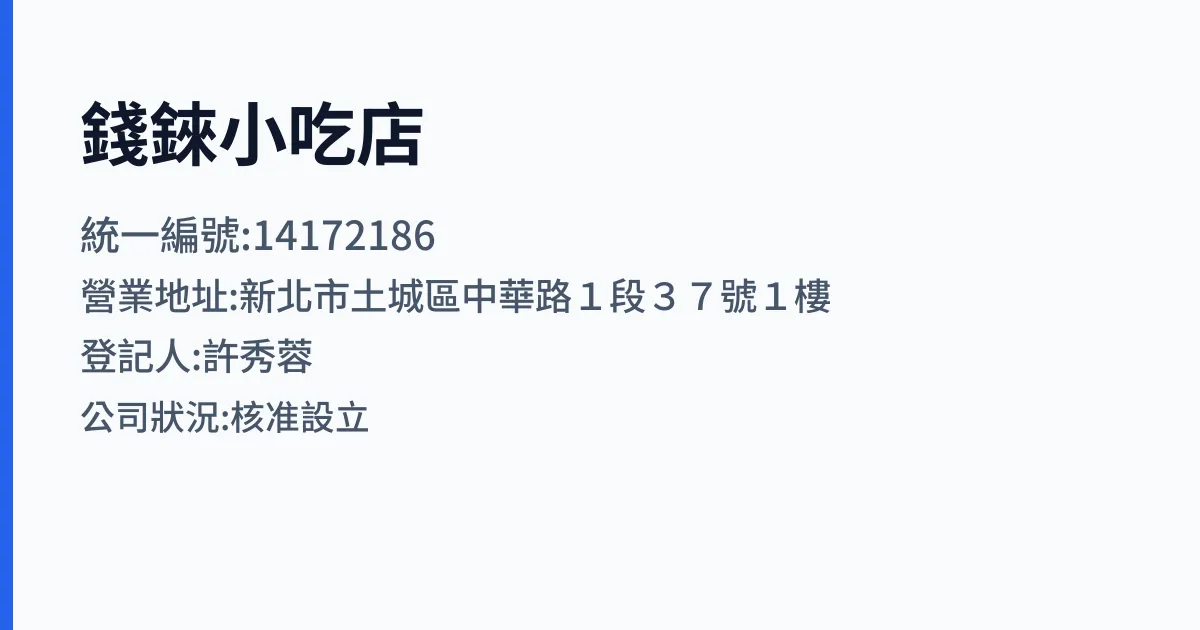 錢錸小吃店 - 統編 14172186(新北市) 公司登記資料與營業項目詳細圖表