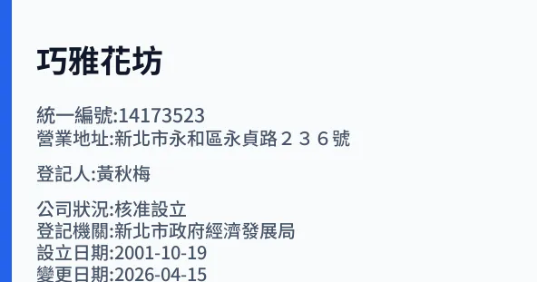 巧雅花坊的照片-統編 14173523(新北市) 公司登記資料與營業項目詳細圖表