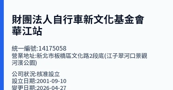 財團法人自行車新文化基金會華江站的照片-統編 14175058(新北市) 公司登記資料與營業項目詳細圖表