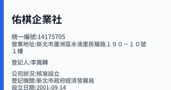 佑棋企業社的照片-統編 14175705(新北市) 公司登記資料與營業項目詳細圖表