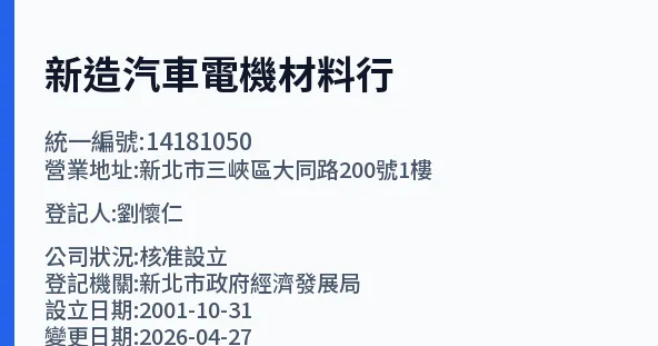 新造汽車電機材料行的照片-統編 14181050(新北市) 公司登記資料與營業項目詳細圖表