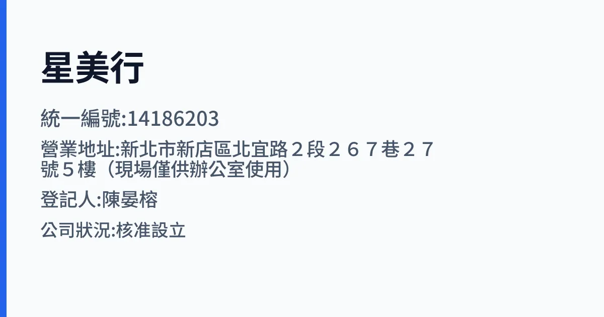 星美行 - 統編 14186203(新北市) 公司登記資料與營業項目詳細圖表