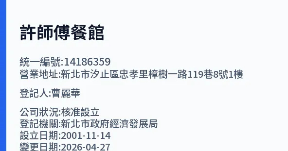 許師傅餐館的照片-統編 14186359(新北市) 公司登記資料與營業項目詳細圖表