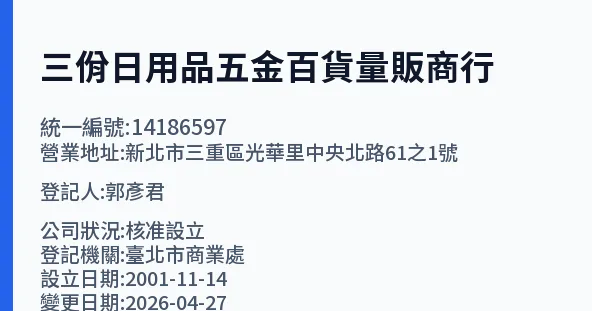 三佾日用品五金百貨量販商行的照片-統編 14186597(新北市) 公司登記資料與營業項目詳細圖表