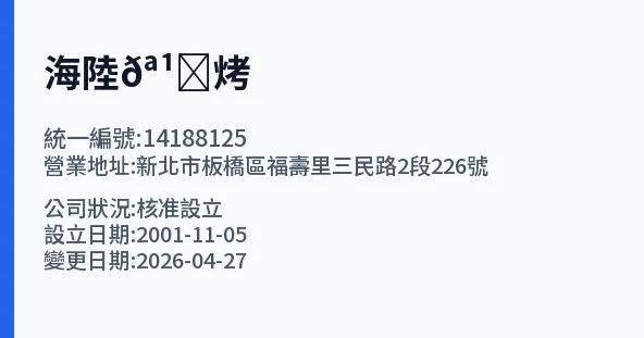 海陸𪹇烤的照片-統編 14188125(新北市) 公司登記資料與營業項目詳細圖表
