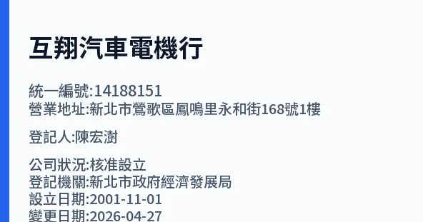 互翔汽車電機行的照片-統編 14188151(新北市) 公司登記資料與營業項目詳細圖表