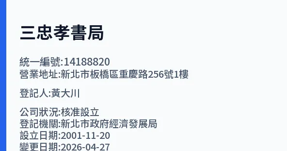三忠孝書局的照片-統編 14188820(新北市) 公司登記資料與營業項目詳細圖表