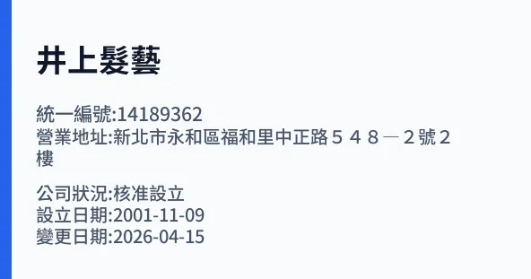 井上髮藝的照片-統編 14189362(新北市) 公司登記資料與營業項目詳細圖表