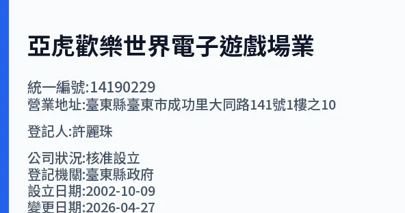 亞虎歡樂世界電子遊戲場業的照片-統編 14190229(臺東縣) 公司登記資料與營業項目詳細圖表