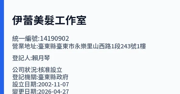 伊蕾美髮工作室的照片-統編 14190902(臺東縣) 公司登記資料與營業項目詳細圖表