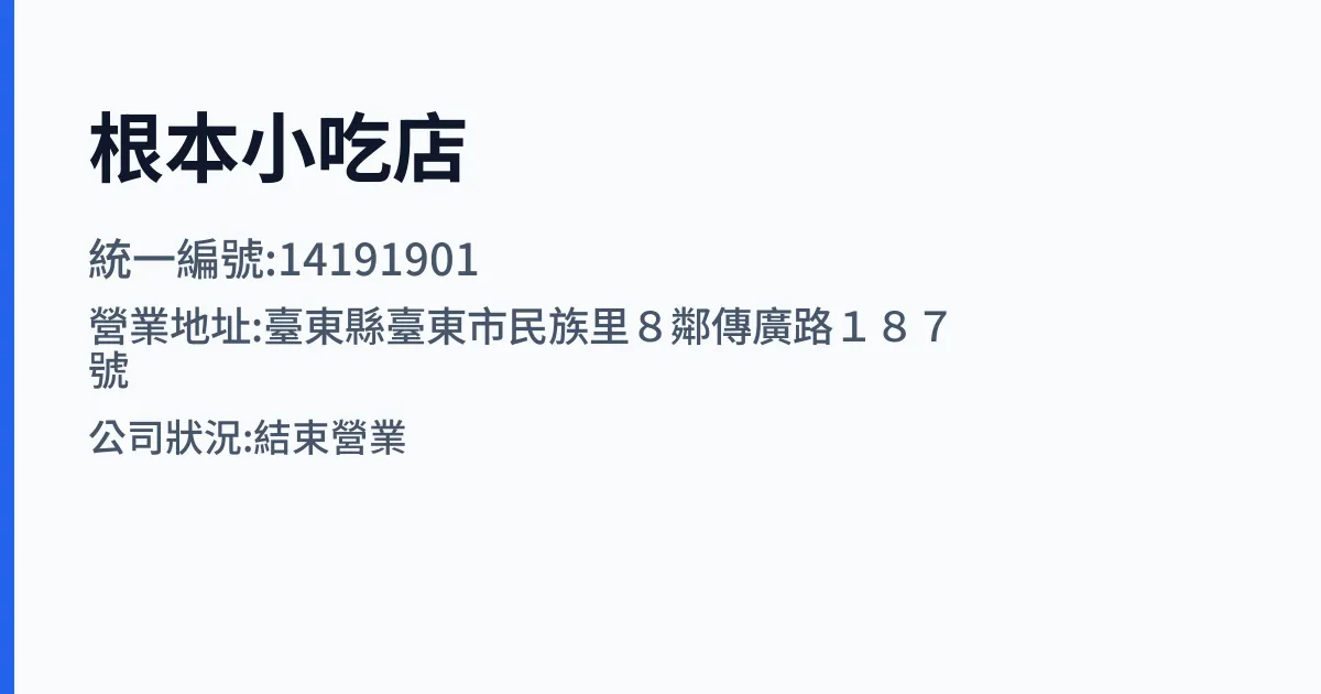 根本小吃店 - 統編 14191901(臺東縣) 公司登記資料與營業項目詳細圖表