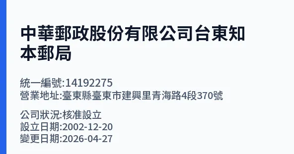 中華郵政股份有限公司台東知本郵局的照片-統編 14192275(臺東縣) 公司登記資料與營業項目詳細圖表