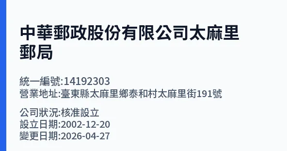 中華郵政股份有限公司太麻里郵局的照片-統編 14192303(臺東縣) 公司登記資料與營業項目詳細圖表