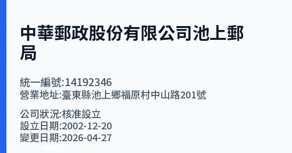 中華郵政股份有限公司池上郵局的照片-統編 14192346(臺東縣) 公司登記資料與營業項目詳細圖表