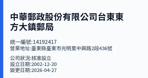 中華郵政股份有限公司台東東方大鎮郵局的照片-統編 14192417(臺東縣) 公司登記資料與營業項目詳細圖表