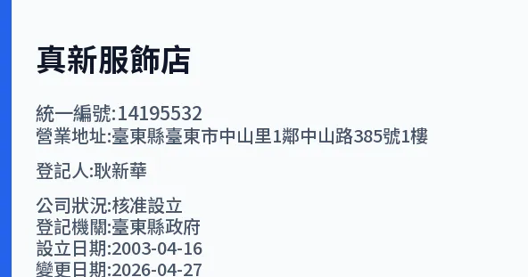 真新服飾店的照片-統編 14195532(臺東縣) 公司登記資料與營業項目詳細圖表