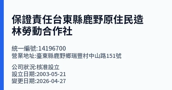 保證責任台東縣鹿野原住民造林勞動合作社的照片-統編 14196700(臺東縣) 公司登記資料與營業項目詳細圖表