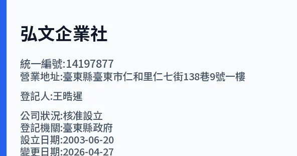 弘文企業社的照片-統編 14197877(臺東縣) 公司登記資料與營業項目詳細圖表