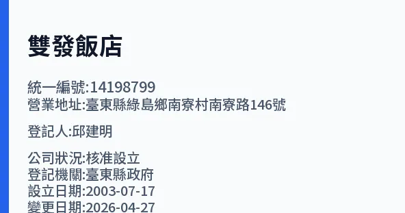 雙發飯店的照片-統編 14198799(臺東縣) 公司登記資料與營業項目詳細圖表