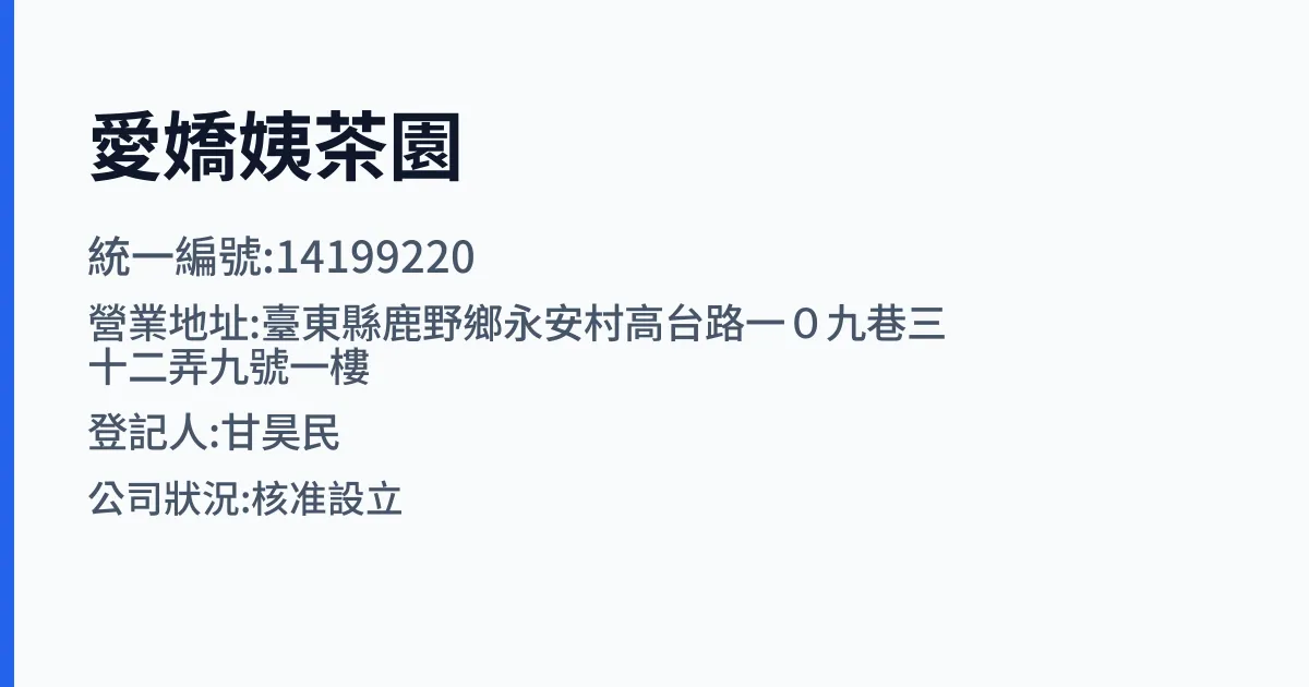愛嬌姨茶園 - 統編 14199220(臺東縣) 公司登記資料與營業項目詳細圖表