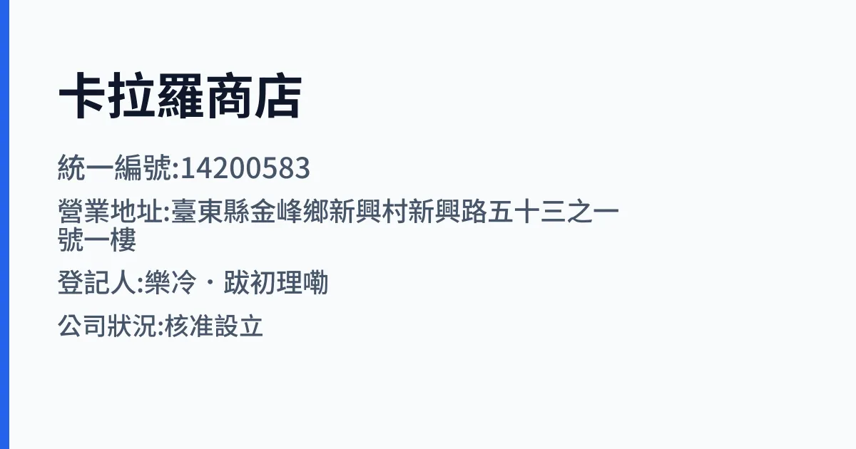 卡拉羅商店 - 統編 14200583(臺東縣) 公司登記資料與營業項目詳細圖表
