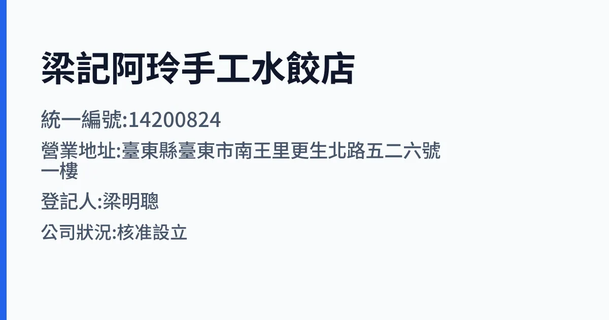 梁記阿玲手工水餃店 - 統編 14200824(臺東縣) 公司登記資料與營業項目詳細圖表