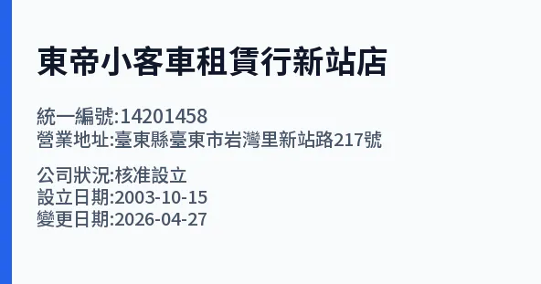 東帝小客車租賃行新站店的照片-統編 14201458(臺東縣) 公司登記資料與營業項目詳細圖表