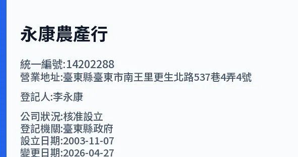 永康農產行的照片-統編 14202288(臺東縣) 公司登記資料與營業項目詳細圖表