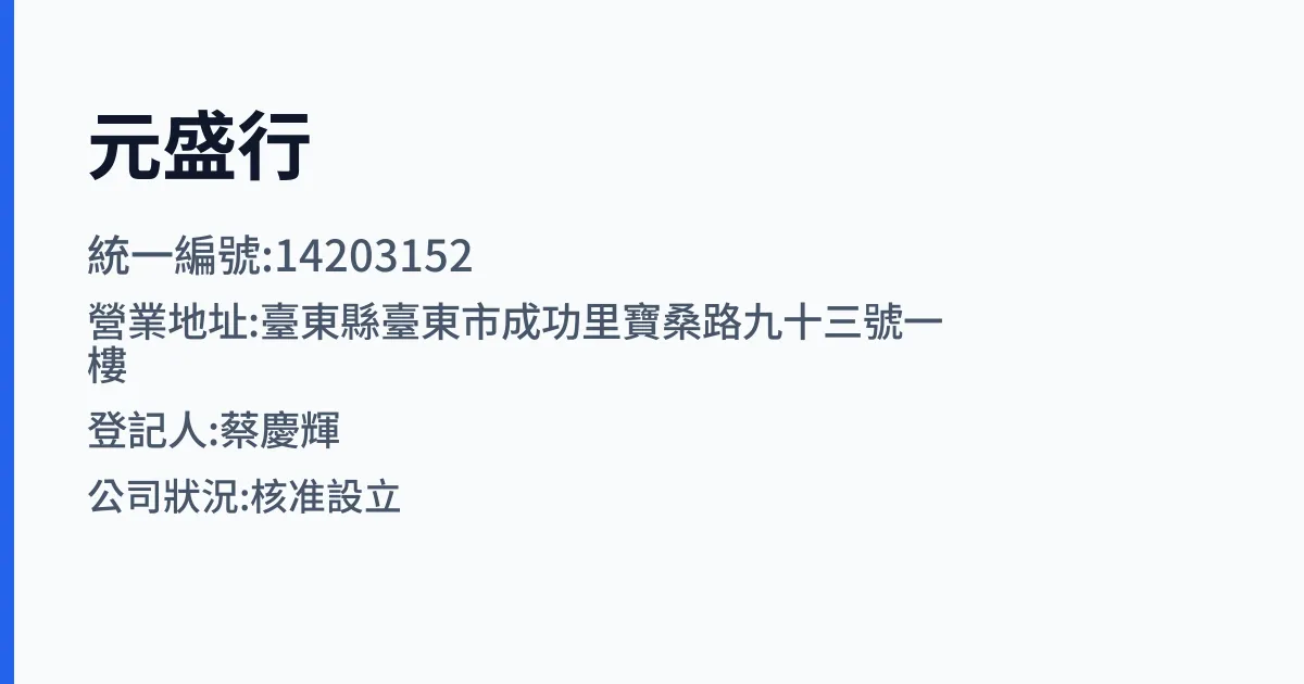 元盛行 - 統編 14203152(臺東縣) 公司登記資料與營業項目詳細圖表