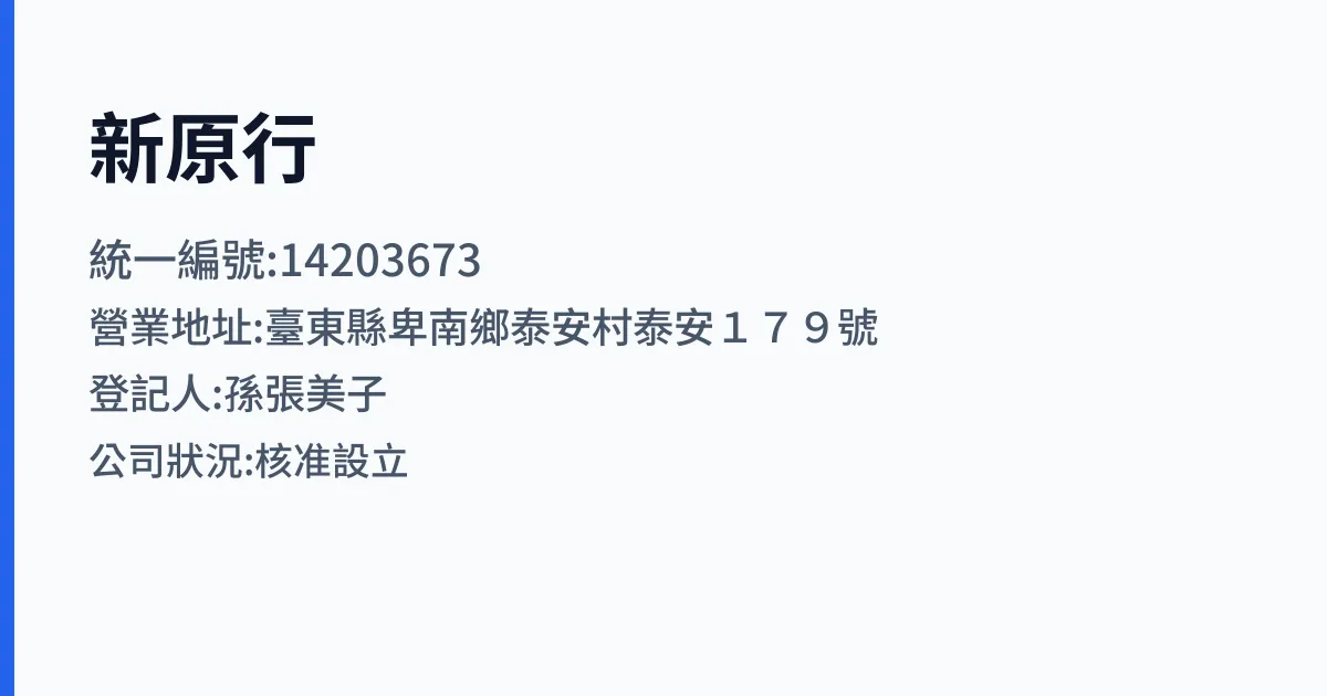 新原行 - 統編 14203673(臺東縣) 公司登記資料與營業項目詳細圖表